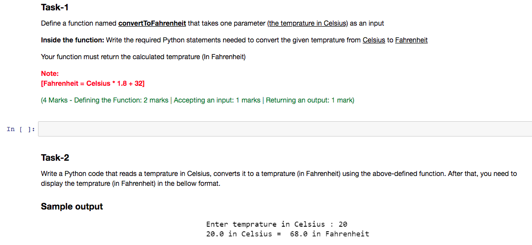 Solved Task-1 Define a function named convertToFahrenheit | Chegg.com