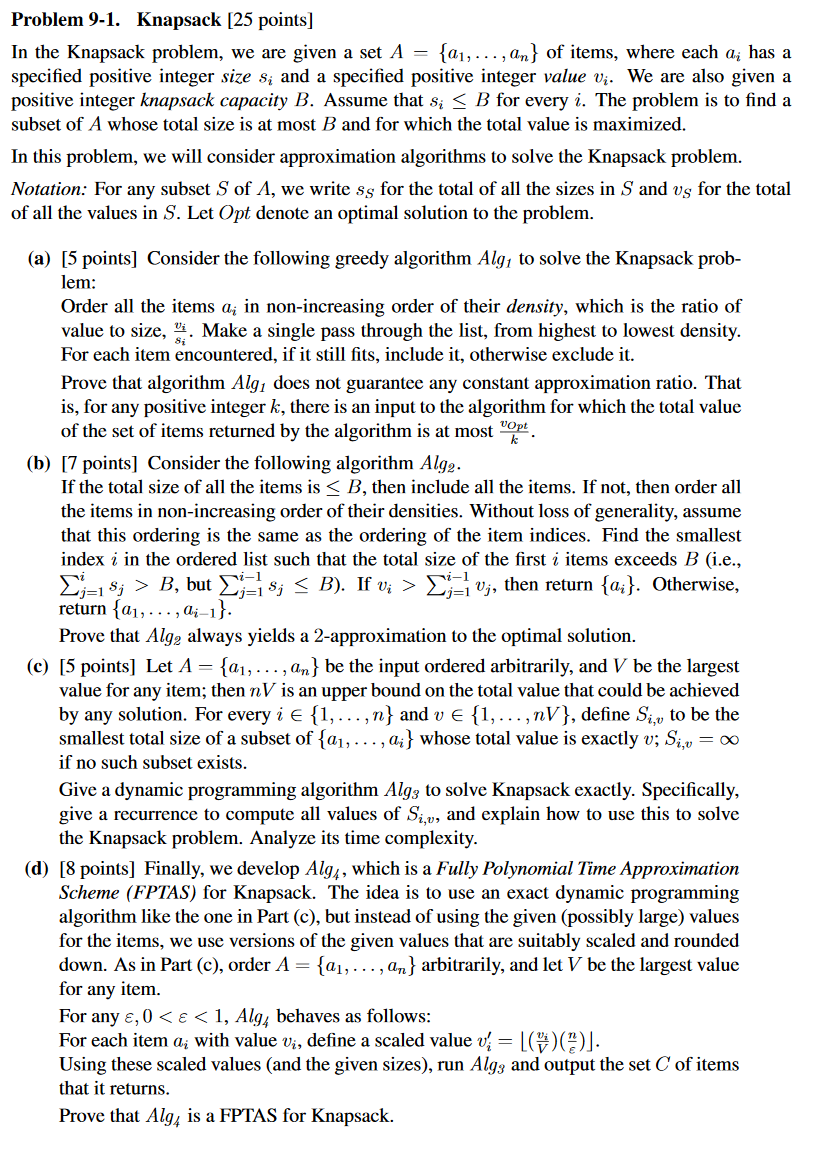 Solved Problem 9-1. Knapsack [25 points) In the Knapsack | Chegg.com