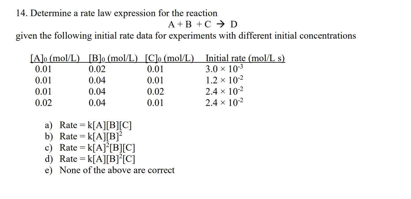 Solved 14. Determine a rate law expression for the reaction | Chegg.com