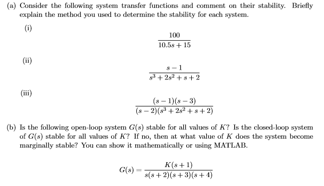 Solved (a) Consider the following system transfer functions | Chegg.com