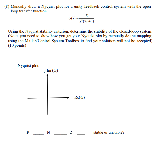 Solved 8 Manually Draw A Nyquist Plot For A Unity Feedback 