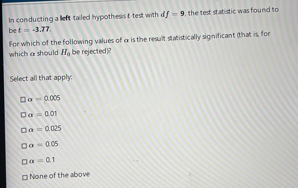 Solved In conducting a left-tailed hypothesis t-test with df | Chegg.com