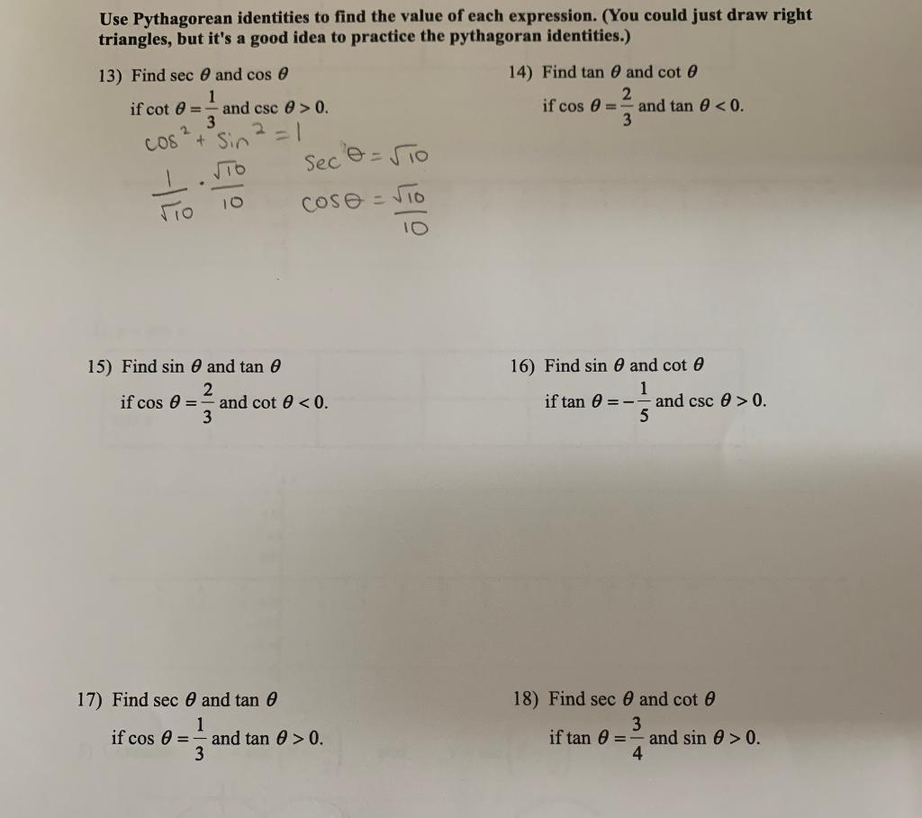 Solved Use Pythagorean identities to find the value of each | Chegg.com