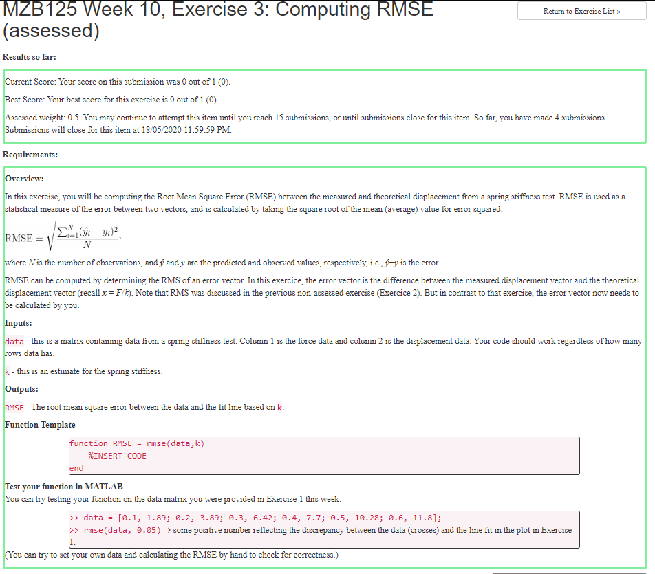 Solved Return to Exercise List >> MZB125 Week 10, Exercise | Chegg.com