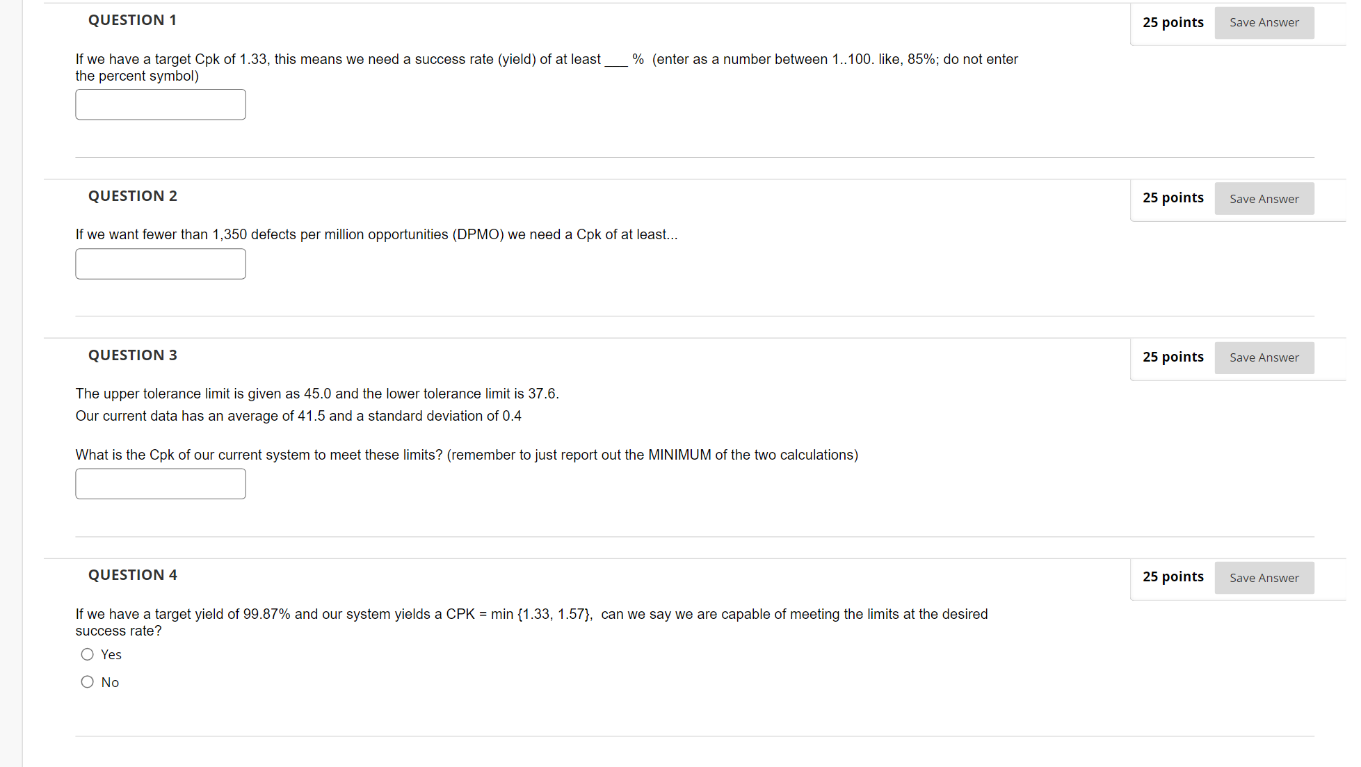 Solved QUESTION 125 ﻿pointsIf we have a target Cpk of 1.33 , | Chegg.com