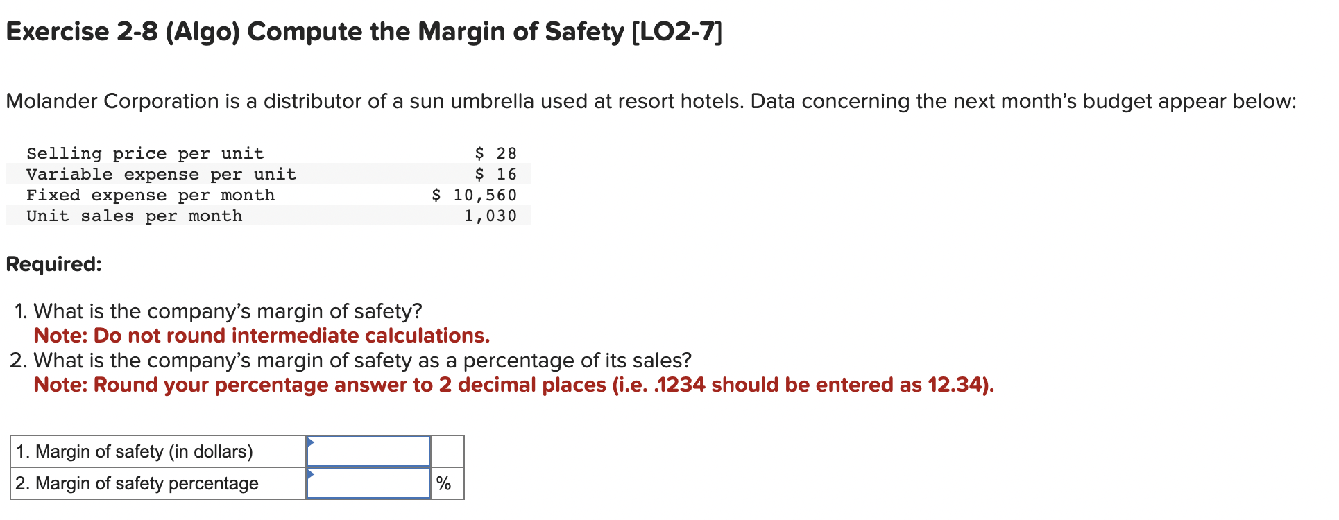 Solved Exercise 2-8 (Algo) Compute the Margin of Safety | Chegg.com
