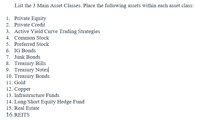 Solved List The 3 Main Asset Classes Place The Following
