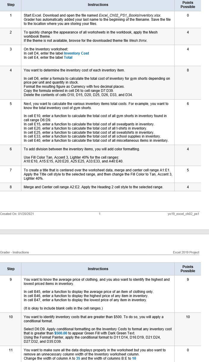 Solved Step Instructions Points Possible 1 0 Start Excel. | Chegg.com