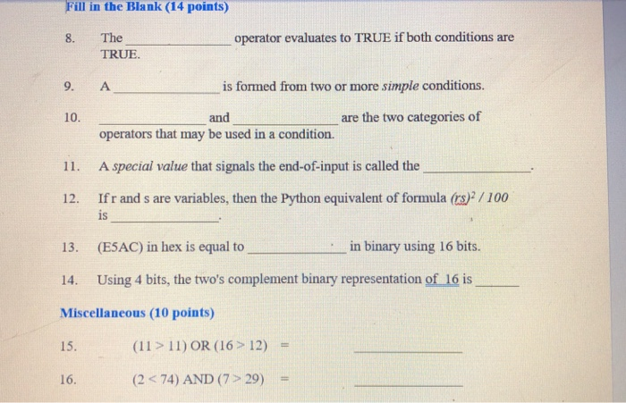 Solved Fill in the Blank (14 points) operator evaluates to | Chegg.com