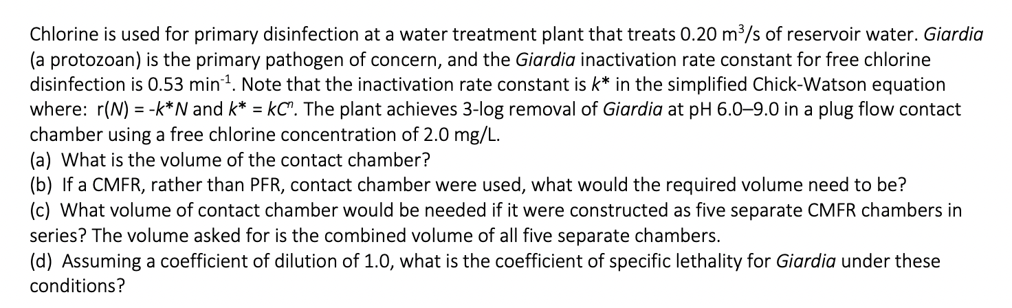 Solved Chlorine is used for primary disinfection at a water | Chegg.com