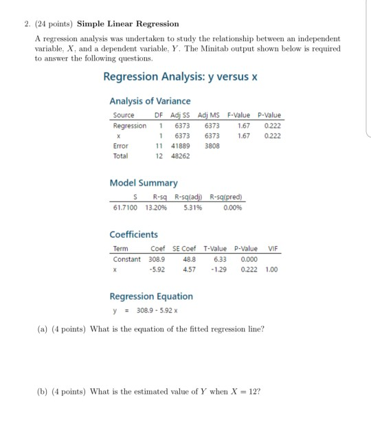 Solved Simple Linear Regression, continued (c) (4 points) | Chegg.com