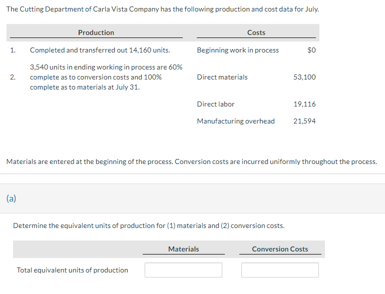 Solved The Cutting Department of Carla Vista Company has the | Chegg.com
