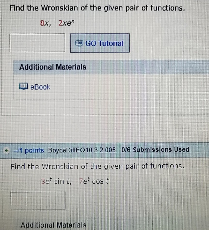 Solved Find the Wronskian of the given pair of functions. E | Chegg.com