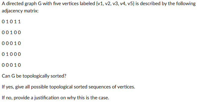 Solved A directed graph G with five vertices labeled {v1, | Chegg.com