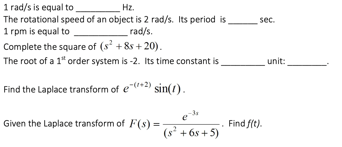 Solved sec. 1 rad/s is equal to Hz. The rotational speed of | Chegg.com
