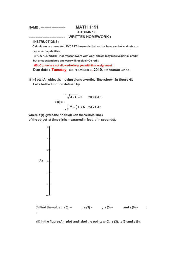 Solved MATH 1151 NAME AUTUMN 19 WRITTEN HOMEWORK 1 | Chegg.com
