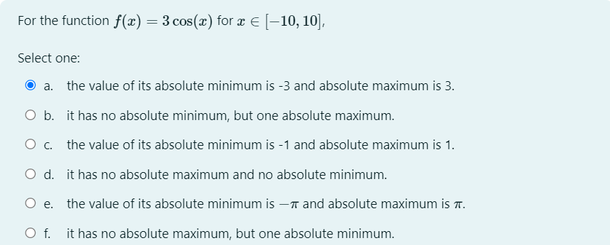 Solved For the function f(x)=3cos(x) ﻿for xin[-10,10],Select | Chegg.com
