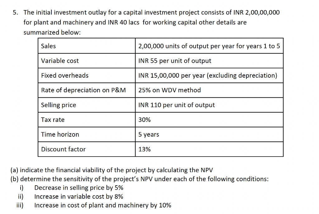 Solved 5. The initial investment outlay for a capital | Chegg.com