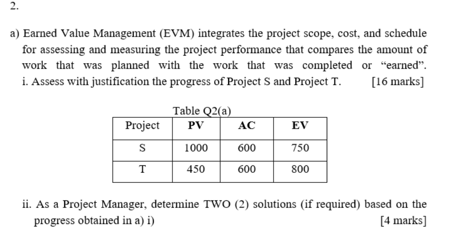 Solved 2. a) Earned Value Management (EVM) integrates the | Chegg.com