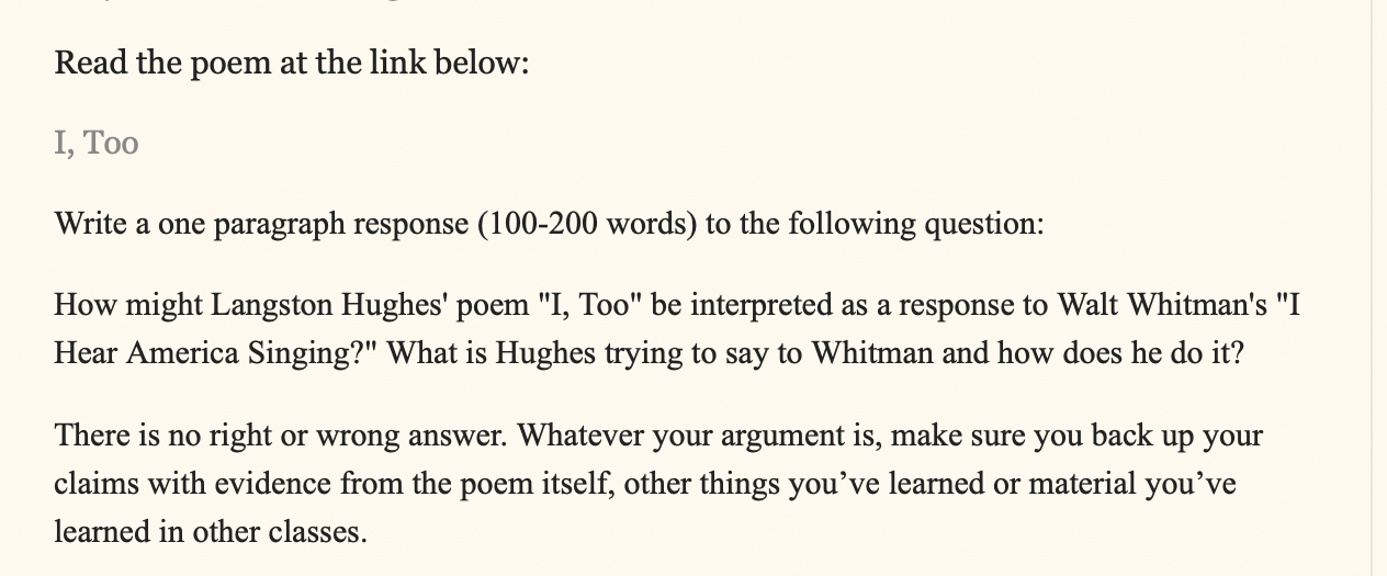 Read the poem at the link below: I, Too Write a one | Chegg.com