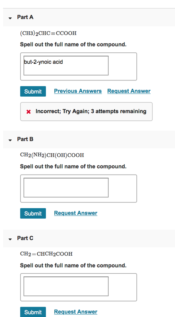 Solved Part A (CH3)2CHC CCOOH Spell out the full name of | Chegg.com
