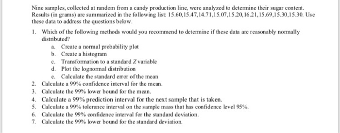 Solved Nine samples, collected at random from a candy | Chegg.com