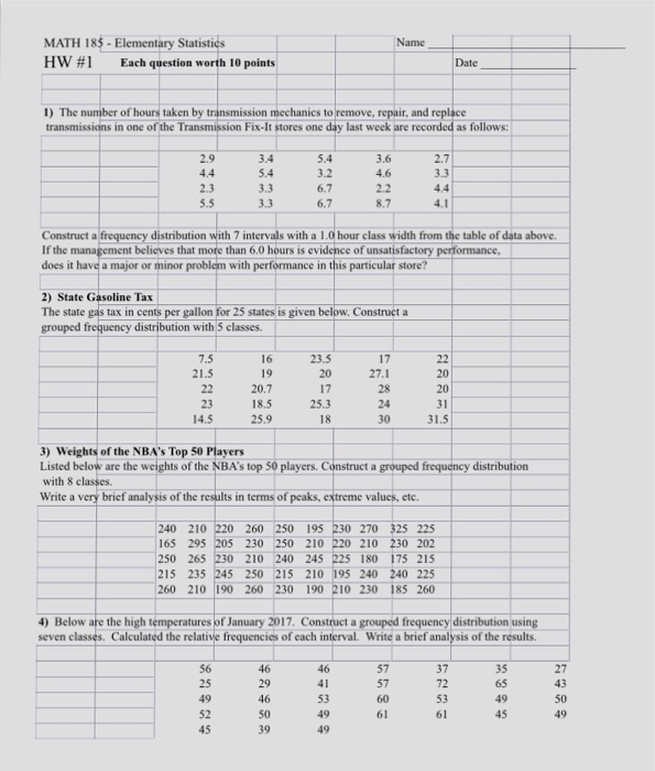 Solved Name pate MATH 185- Elementary Statistics HW #1 Each | Chegg.com Solved Name pate MATH 185- Elementary Statistics HW #1 Each | Chegg.com