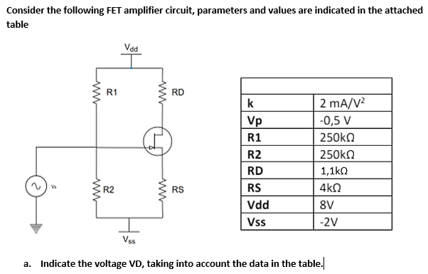 Solved Consider the following FET amplifier circuit, | Chegg.com