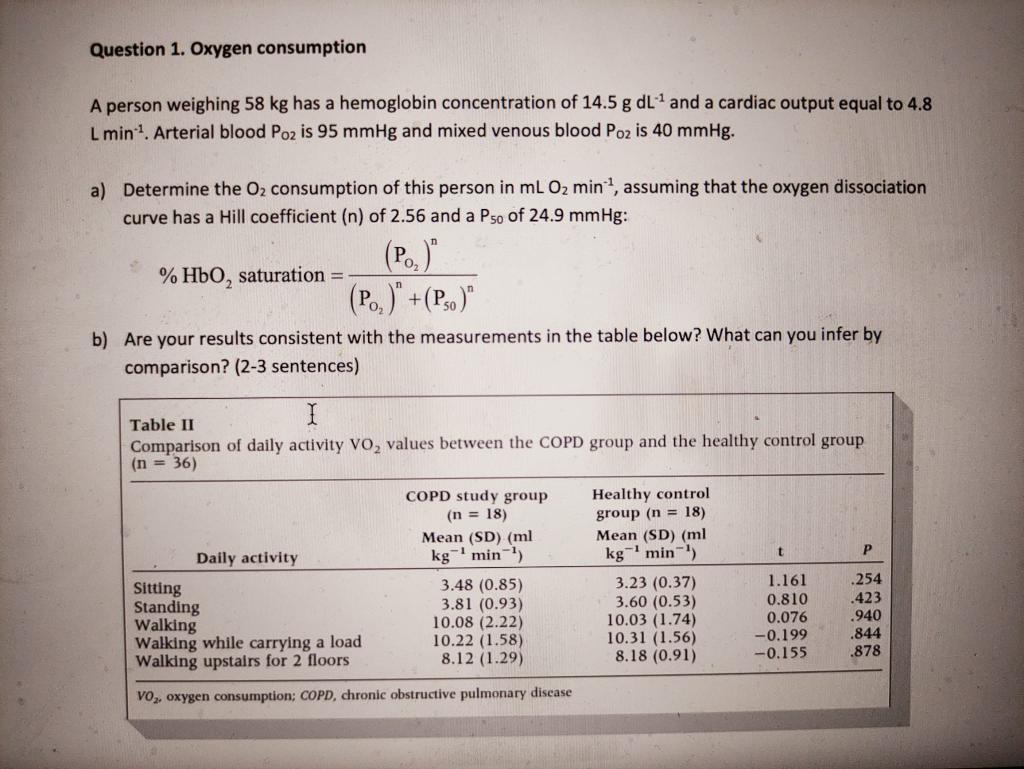 Solved Question 1. Oxygen consumption A person weighing 58 | Chegg.com