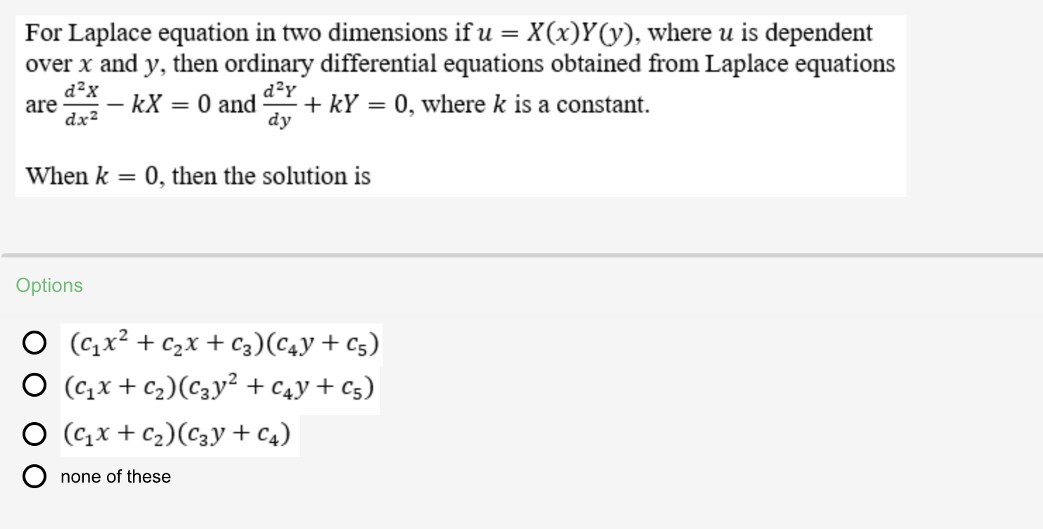 Solved For Laplace equation in two dimensions if u=X(x)Y(y), | Chegg.com