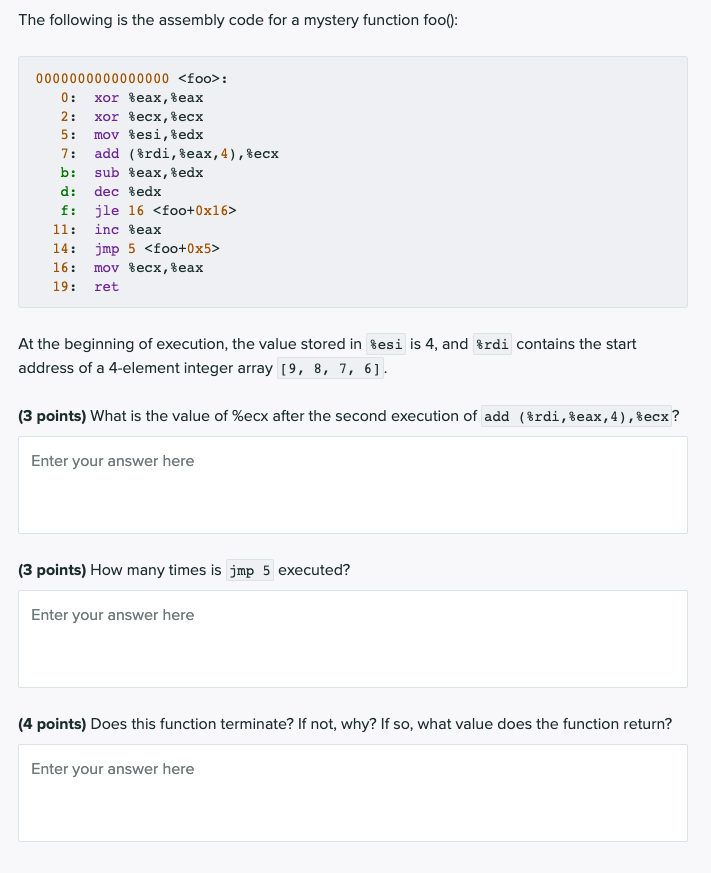 Solved The following is the assembly code for a mystery | Chegg.com