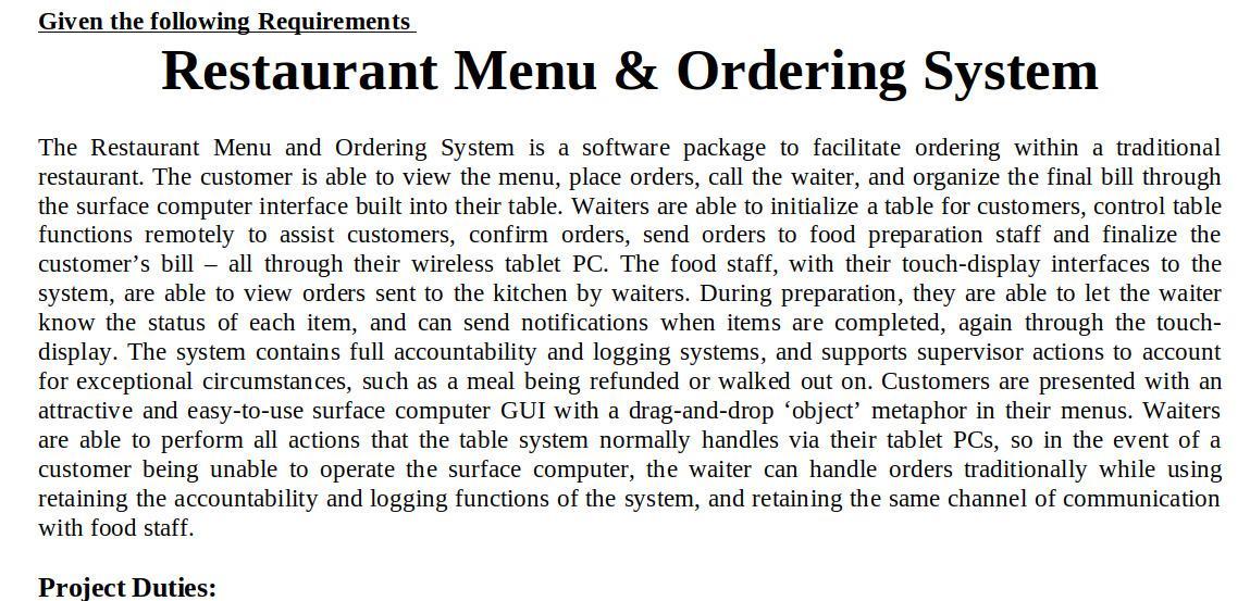 Solved Given the following Requirements Restaurant Menu & | Chegg.com