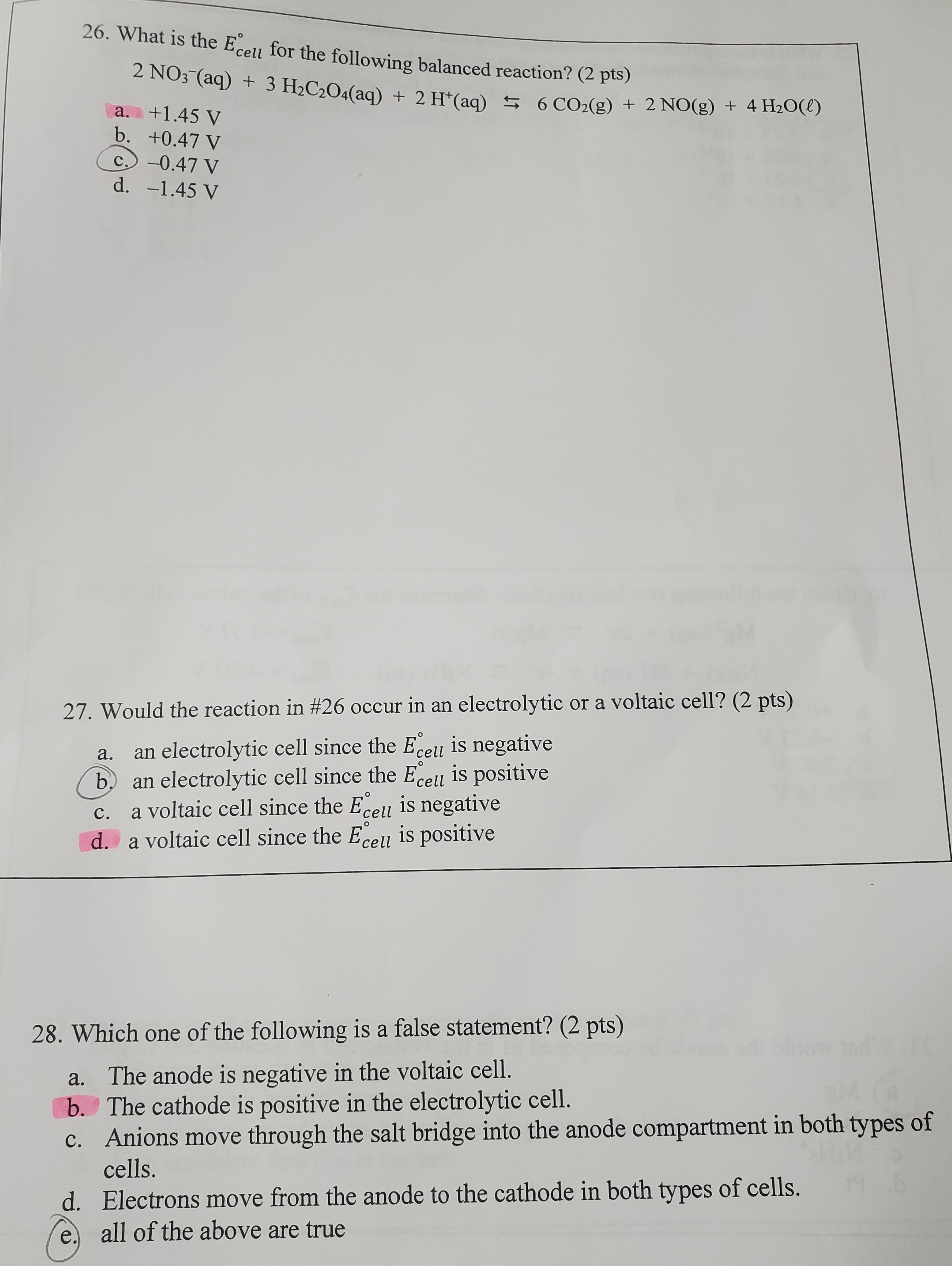 Solved 26. What is the Ecell ∘ for the following balanced | Chegg.com