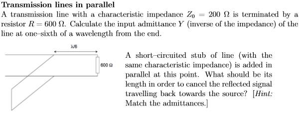 Solved Transmission lines in parallel A transmission line | Chegg.com