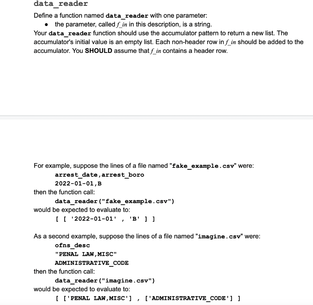Solved . data_reader Define a function named data_reader | Chegg.com