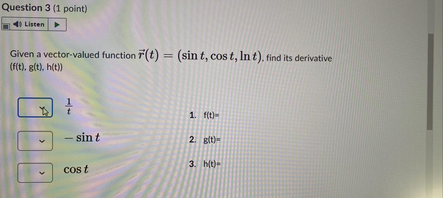 Solved Given a vector-valued function r(t)=(sint,cost,lnt), | Chegg.com