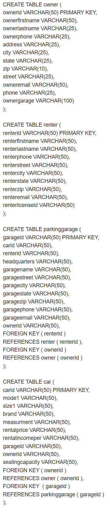 Solved CREATE TABLE owner ( ownerid VARCHAR(50) PRIMARY | Chegg.com