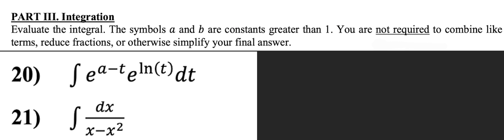 Solved PART III. Integration Evaluate the integral. The | Chegg.com