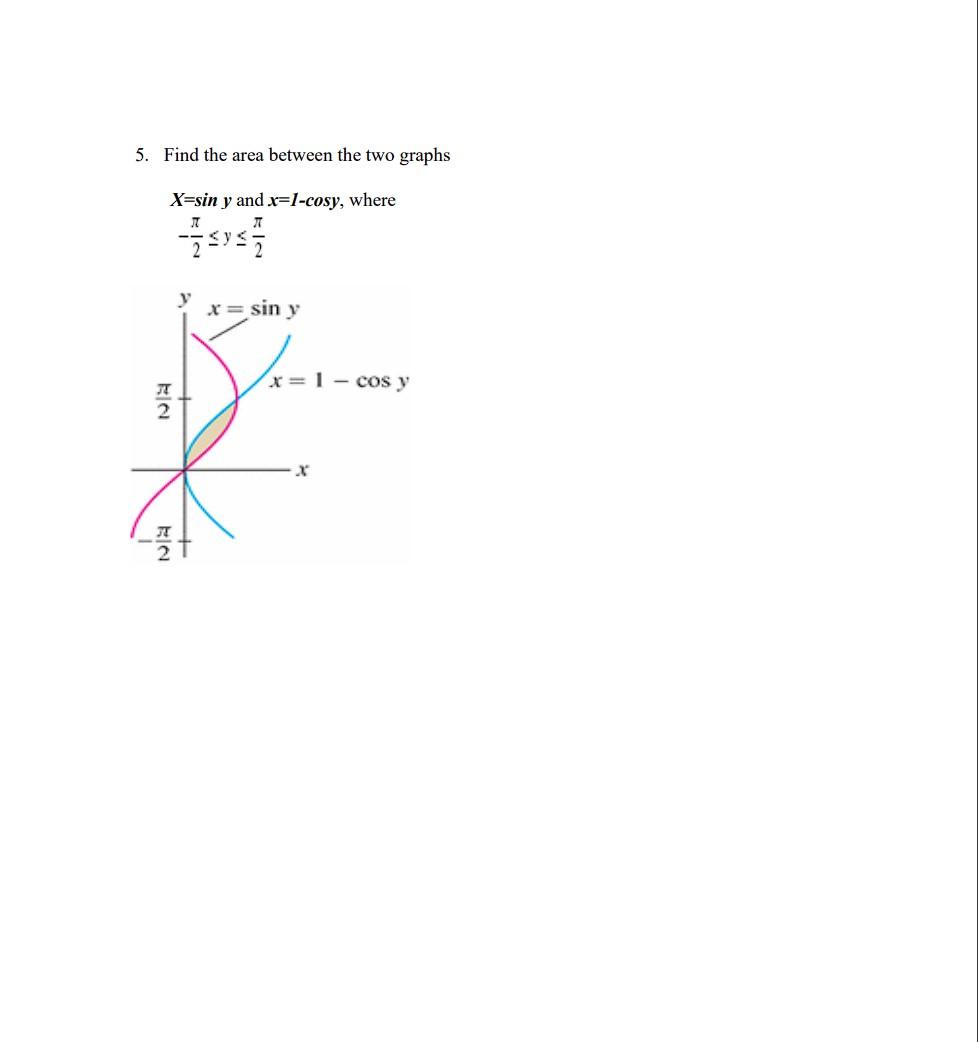 Solved 5. Find the area between the two graphs X=siny and | Chegg.com