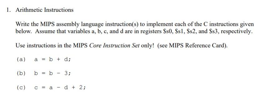 Solved 1. Arithmetic Instructions Write the MIPS assembly | Chegg.com
