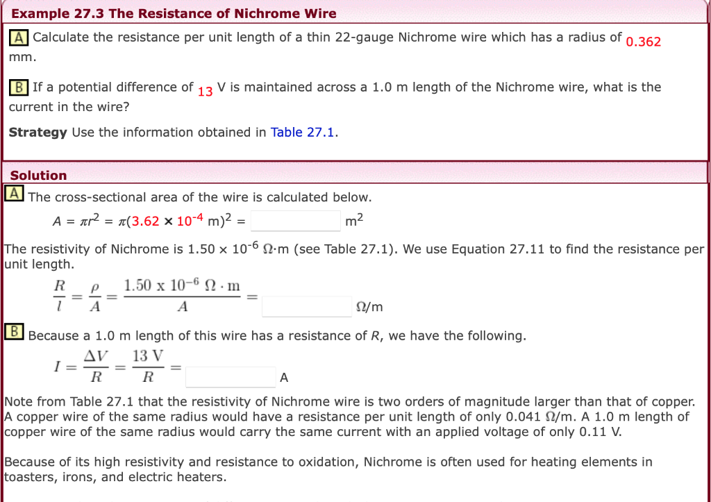 Solved Example 27.3 The Resistance of Nichrome Wire A | Chegg.com
