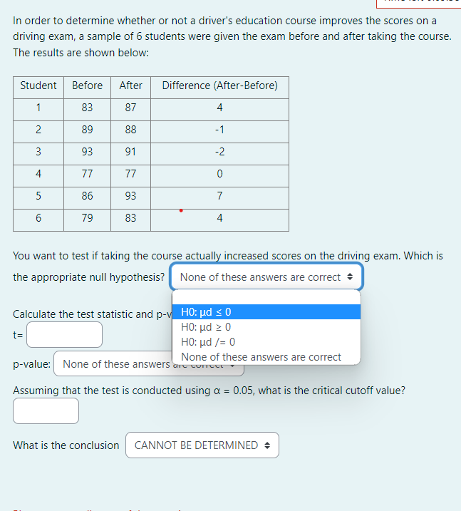 Solved In order to determine whether or not a driver's | Chegg.com