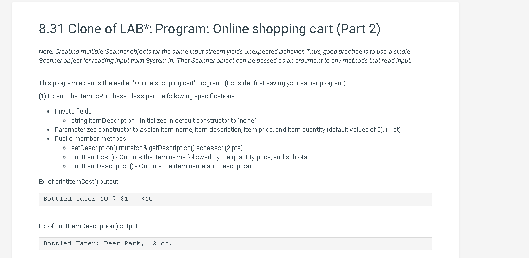 Solved 8.31 Clone of LAB∗ : Program: Online shopping cart | Chegg.com