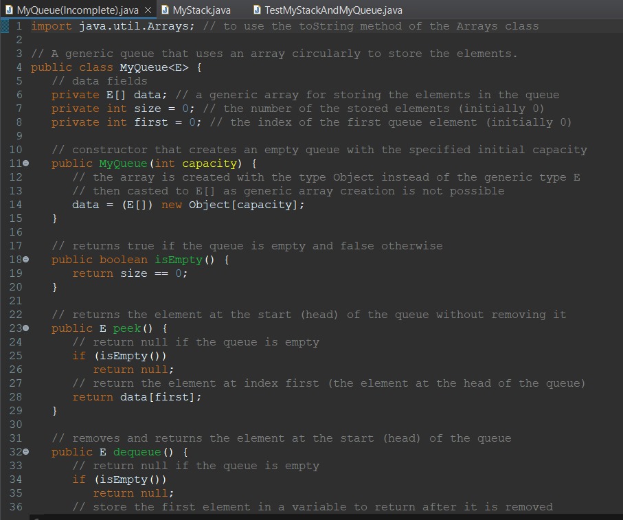 Solved yQueue(Incomplete).java 』 lestMyStackAndMyQueue.java | Chegg.com