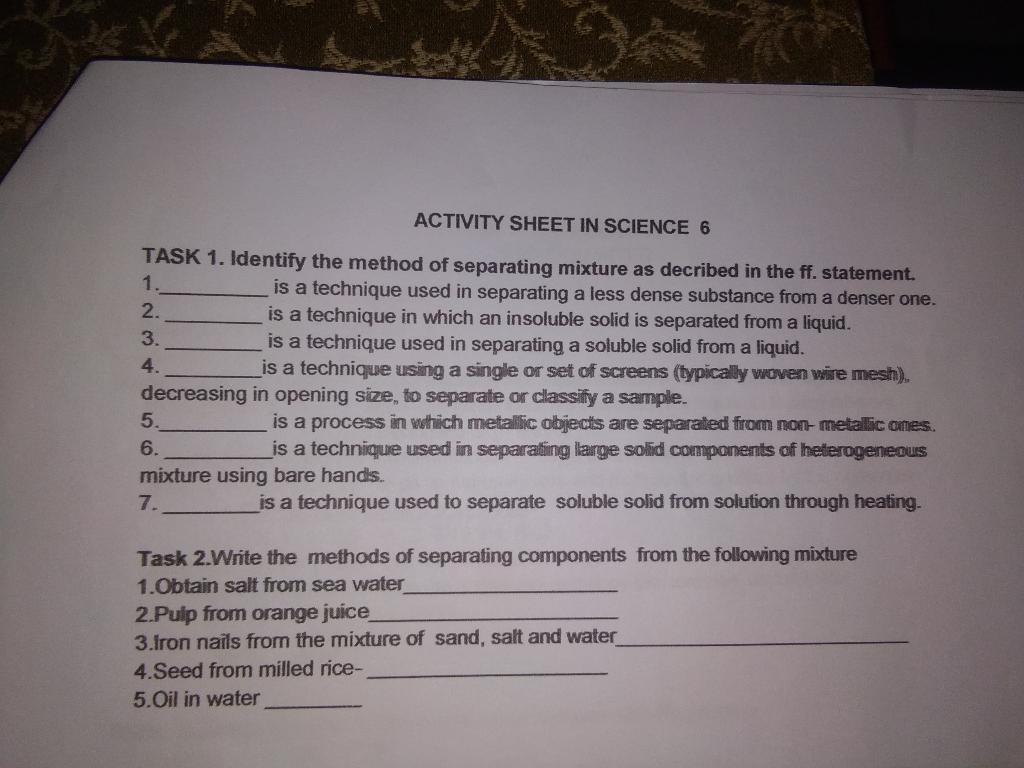 Solved ACTIVITY SHEET IN SCIENCE 6 TASK 1. Identify the | Chegg.com