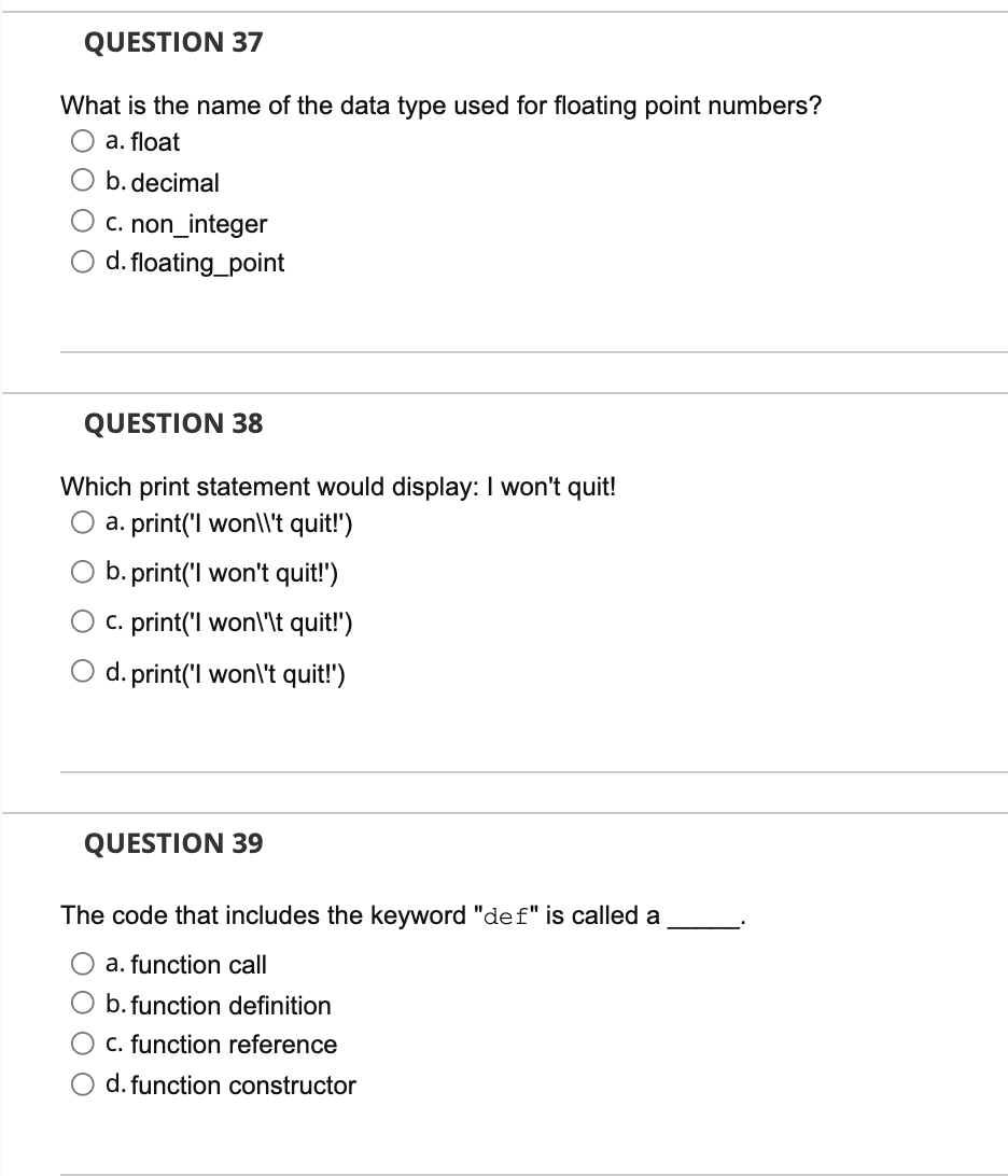 Solved Question 37 What Is The Name Of The Data Type Used 