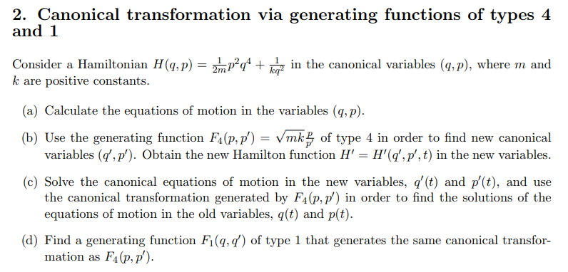 Solved 2 Canonical Transformation Via Generating Functions