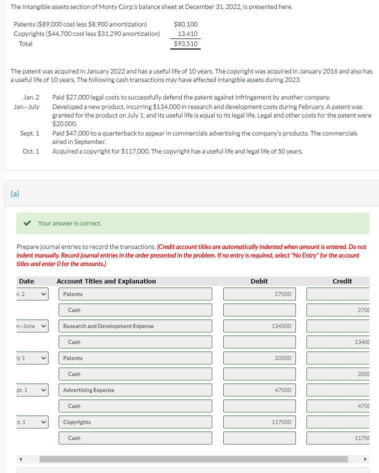 Solved The intangible assets section of Monty Corp's balance | Chegg.com