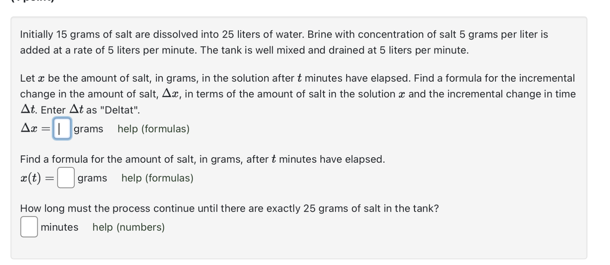 Solved Initially 15 ﻿grams of salt are dissolved into 25 | Chegg.com