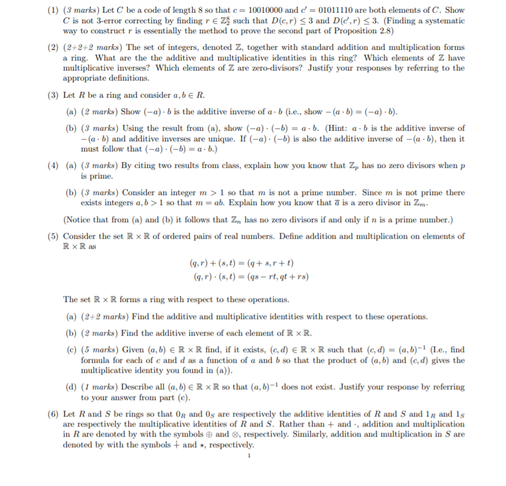 Solved (1) (3 marks) Let C be a code of length 8 so that c= | Chegg.com
